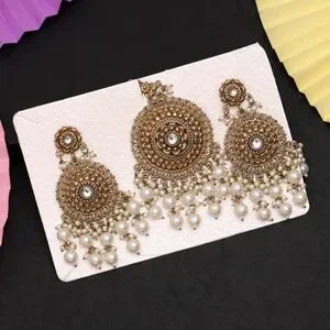 Ethnic Indian Wear | Jewelry | Chandbali Maang Tikka Set Pearl Stone ...
